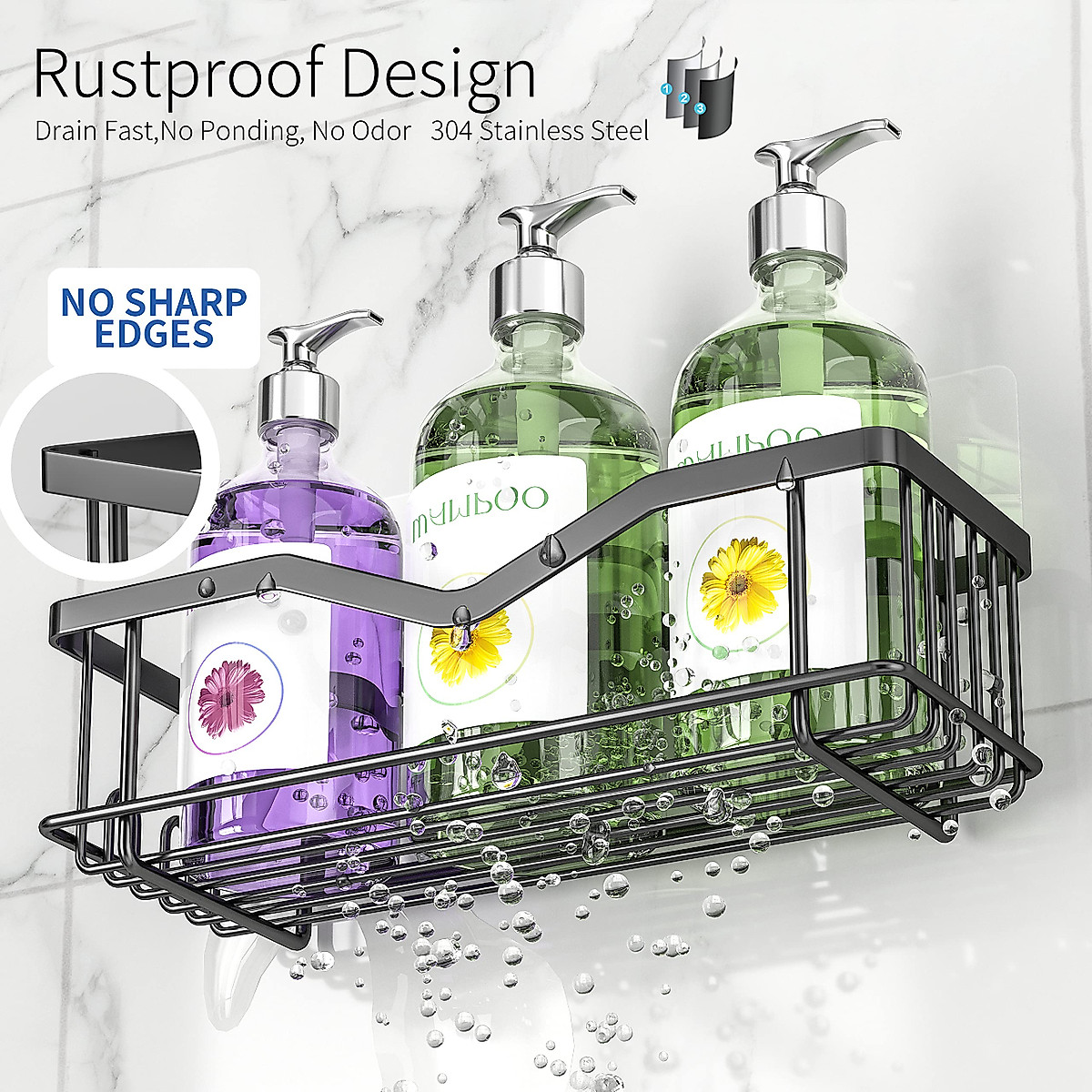 BABYLION1 Black Shower Caddy – 2 Pack, Bathroom Shower Organizer – Rustproof 304 Stainless Steel, Wall Mounted Adhesive Bathroom Shelf for Inside Shower