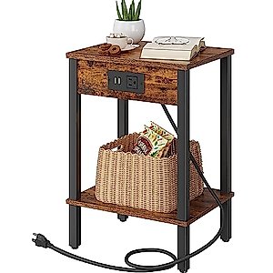 VIMBER Beside Table with Charging Station, Narrow Side Table with USB Ports and Outlets, Nightstands with 2-Tier Storage Shelves, End Table for Small Space Living Room Bedroom