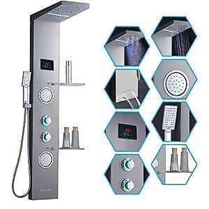 ELLO&ALLO Shower Panel System Tower with Shelf, LED Rainfall and Mist Head Rain Massage Stainless Steel Shower Fixtures with Adjustable Body Jets, Brushed Nickel