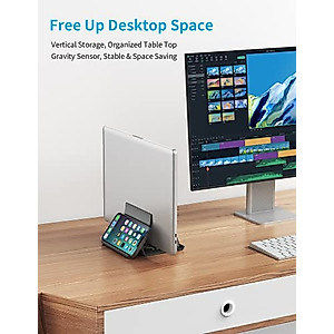 MOMAX Vertical Laptop Stand Holder, Gravity Auto Locking Holder Storage Dock, Space Saving for Desk Organizer, Fits All MacBook, iPad, Surface, Dell, Chromebook, Gaming Laptops (Up to 17.3 inches)
