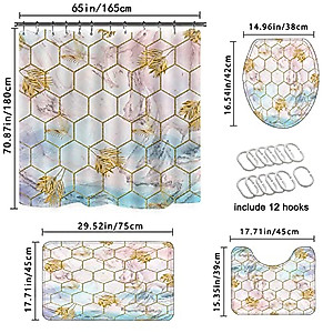 dowhufund 4pcs Marble Bathroom Shower Curtain Sets with Rugs Accessories ,Bathroom Curtains Shower Set Bathroom Decor with 12 Hooks ,Toilet Lid Cover Sets with Non-Slip Rug Bath Mat