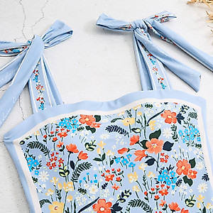 Women Floral One Piece Swimsuits, Reversible Tie Shoulder Monokini, Tummy Control Bathing Suits, Square Neck Swimwear (Medium) Blue