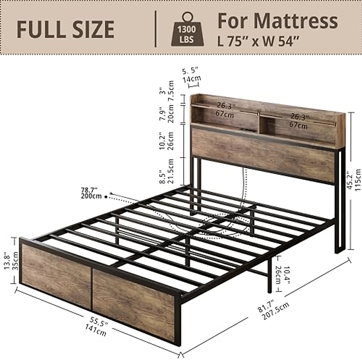 IRONCK Full Size Bed Frame with Bookcase Headboard with Charging Station, Mattress Foundation/No Box Spring Needed, Non-Slip Without Noise, Rustic Maple