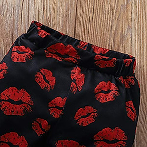 Aslaylme Baby Girls Valentine's Day Outfit Newborn Daddy's Little Valentine Bodysuit Kiss Flare Pants Outfit（Black,0-3 Months