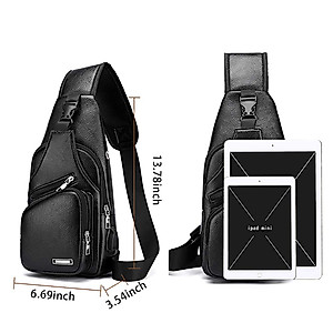 JUMO CYLY Leather Sling Bag for Men Women, Soft Sling Chest Bag, Waterproof Shoulder Chest Bag Small Lightweight Sling Backpack with USB Charging Port. (Small Black2)