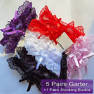 5 Pairs Lace Wedding Garter Bridal Lace Floral Bowknot Garter Ribbon Belt Leg Ring for Women Girls Favor with 1 Pairs Stocking Buckle