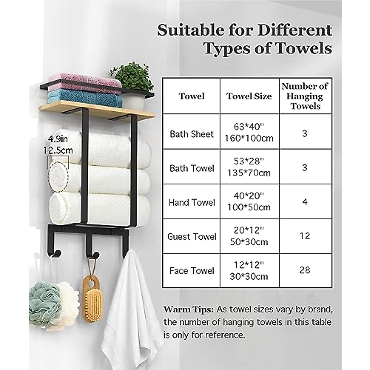 Luxspire Towel Racks Wall Mounted for Bathroom, Towel Holder Wall Mounted with Wooden Floating Shelf & 3 Metal Hooks, Rolled Bath Towel and Hand Towel Rack for Bathroom, Black + Wooden