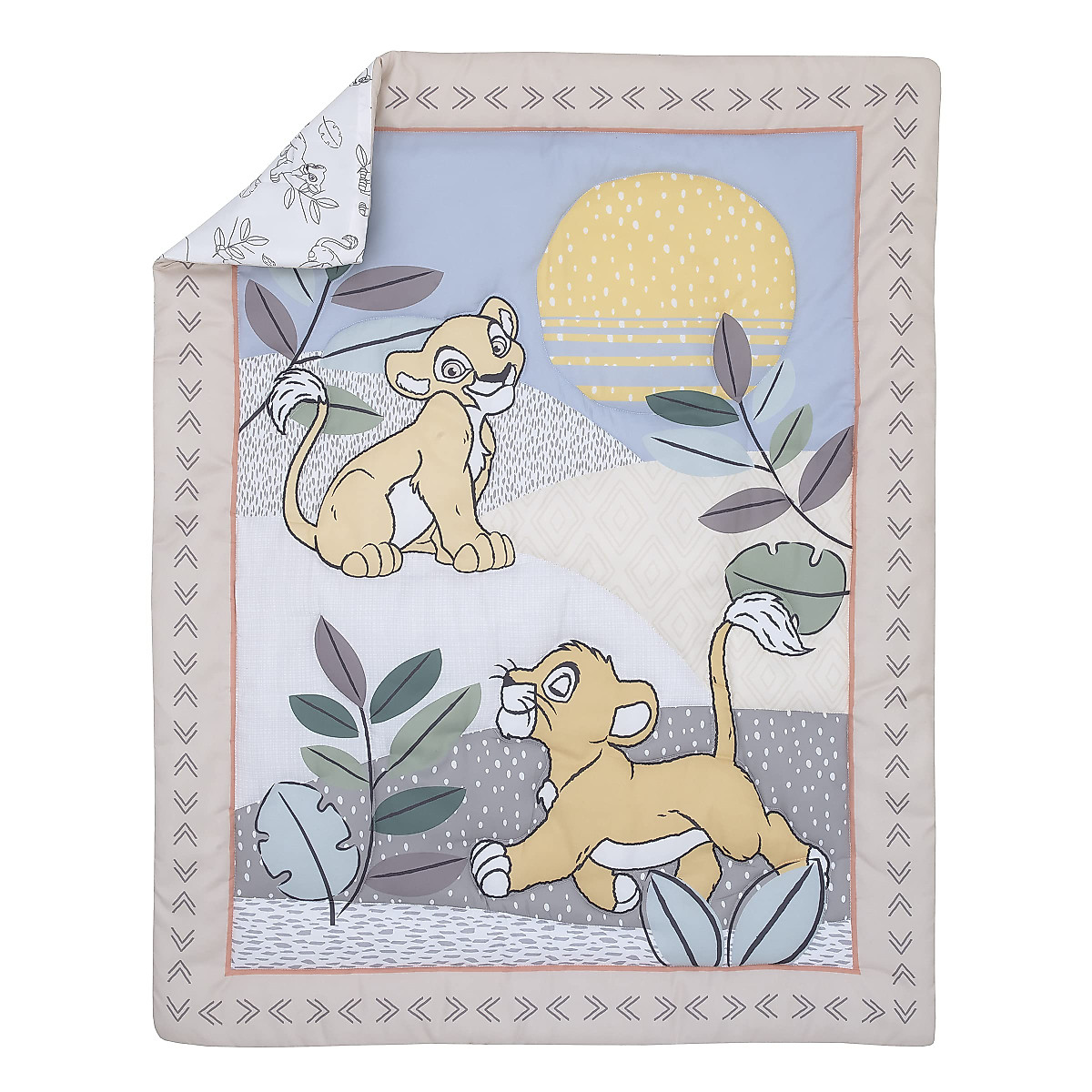 Disney Lion King Leader of The Pack Taupe and Green Simba and Nala Sunset and Leaves 3 Piece Nursery Mini Crib Bedding Set - Comforter and Two Fitted Mini Crib Sheets