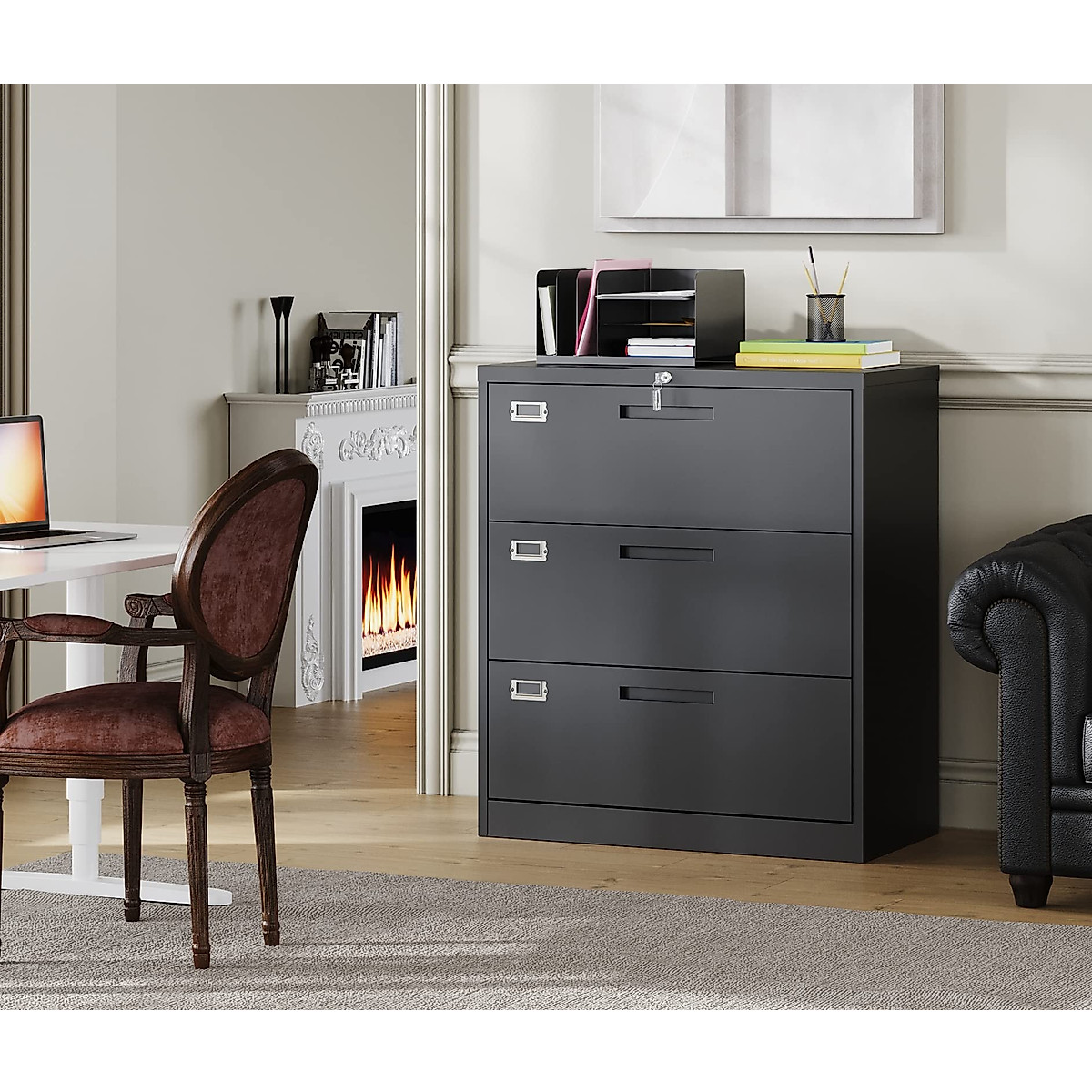 MIIIKO Lateral File Cabinet with Lock, 3 Drawer Lateral Filing Cabinet, Large Deep Drawers Locked by Keys, Metal Storage File Cabinet for Hanging Files Letter/Legal/F4/A4 Size