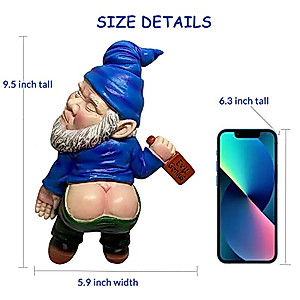 MINICAR Large 9.5'' Tall Funny Drunk Garden Gnome Outdoor Statue, Naughty Knome Figurine Lawn Ornament Dwarf Sculpture Yard Decor Landscape Porch Decoration Outside Novelty Gift(Blue)