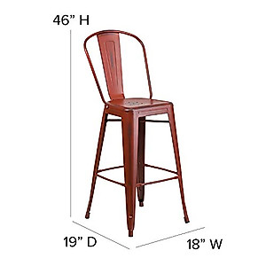 EMMA + OLIVER Commercial Grade 30" H Distressed Red Metal Indoor-Outdoor Barstool w/ Back
