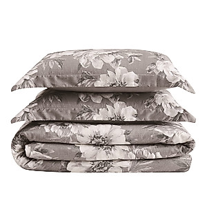 Cottage Classics - Full/Queen Rochelle Floral 3-Piece Farmhouse Style Duvet and Sham Set - Bold Floral Print - Grey