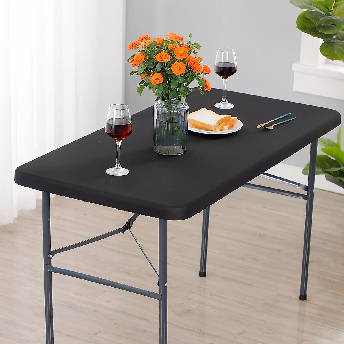 NEWISHER 2 Pack Fitted Tablecloth Rectangle 4ft Elastic Edge Spandex Table Top Cover for Picnic Outdoor Camping Park Patio Black 23 x 48 inch