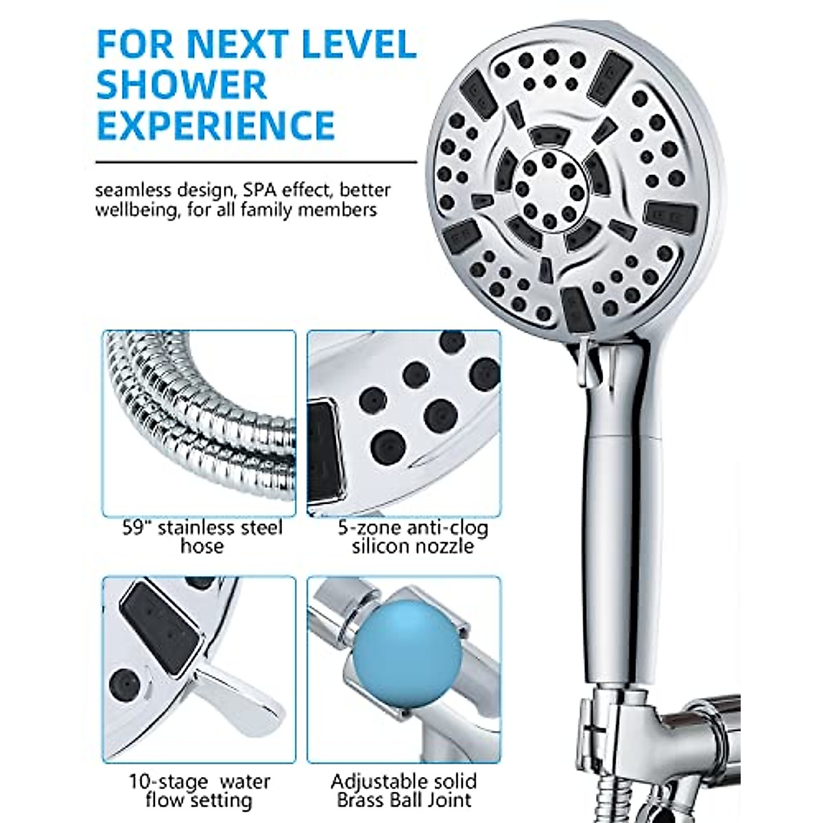Shower head ushalhue hand held shower 10 Spray Mode High Pressure Showerhead,59.05" Stainless Steel Hose Adjustable Bracket Filter Shower Head, Remove Chlorine and Harmful Substance (silvery1)