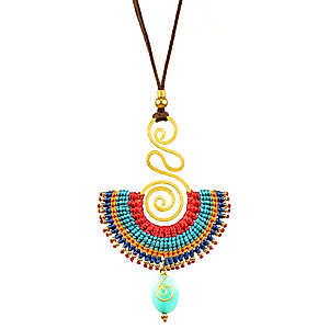 Boho Hippie Necklace for Women, Ethnic Gold Necklace, Handmade with Natural Crystal, Adjustable Length, Pendant Necklace, Aesthetic Jewelry, Women Gift (Red Blue Yellow Navy Blue)