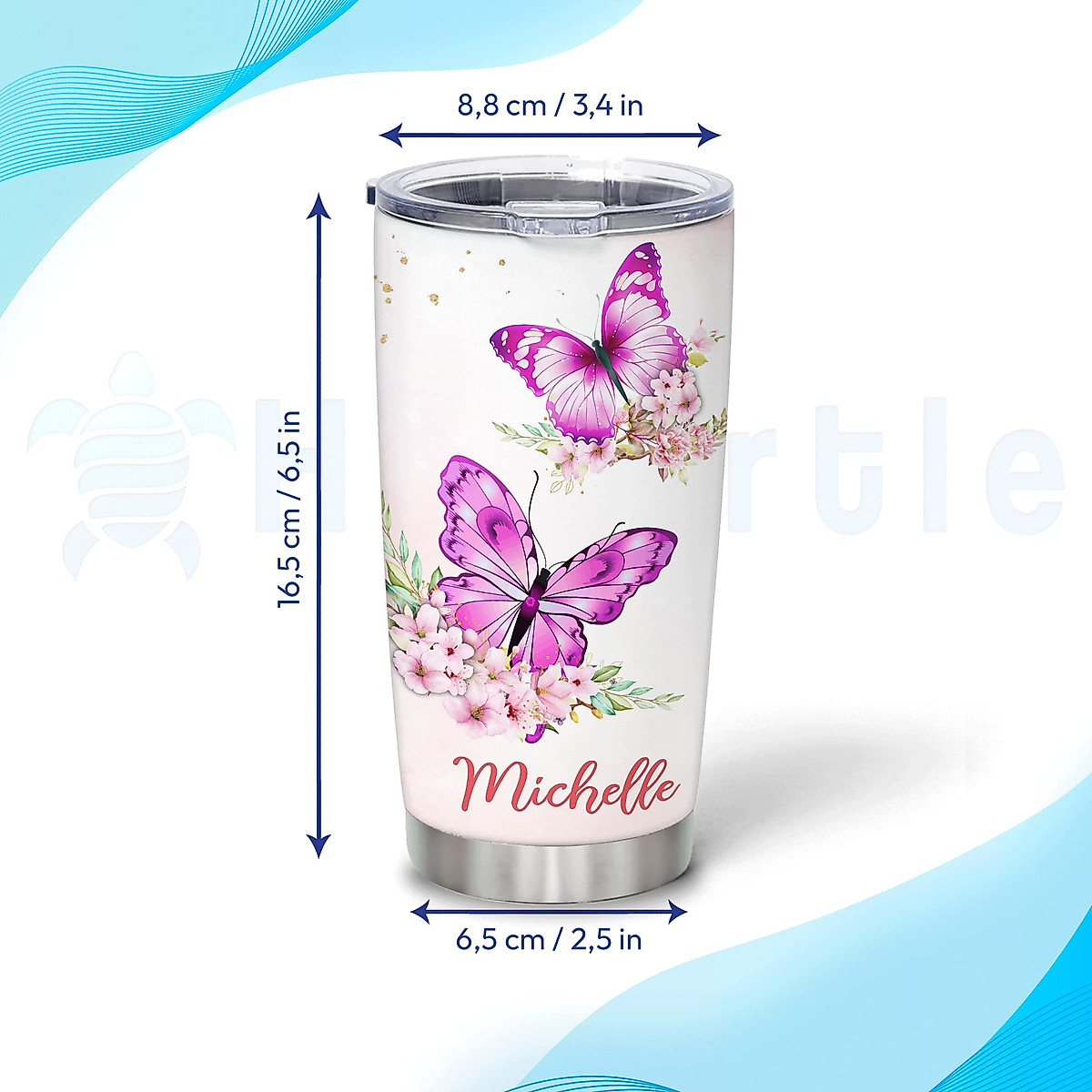 Hyturtle Personalized Gifts For Butterfly Lover - Birthday Christmas - She Is Mom Butterflies Print Custom Name Stainless Steel Tumbler 20oz With Lid - Gifts For Her Women Girl Friend Mom
