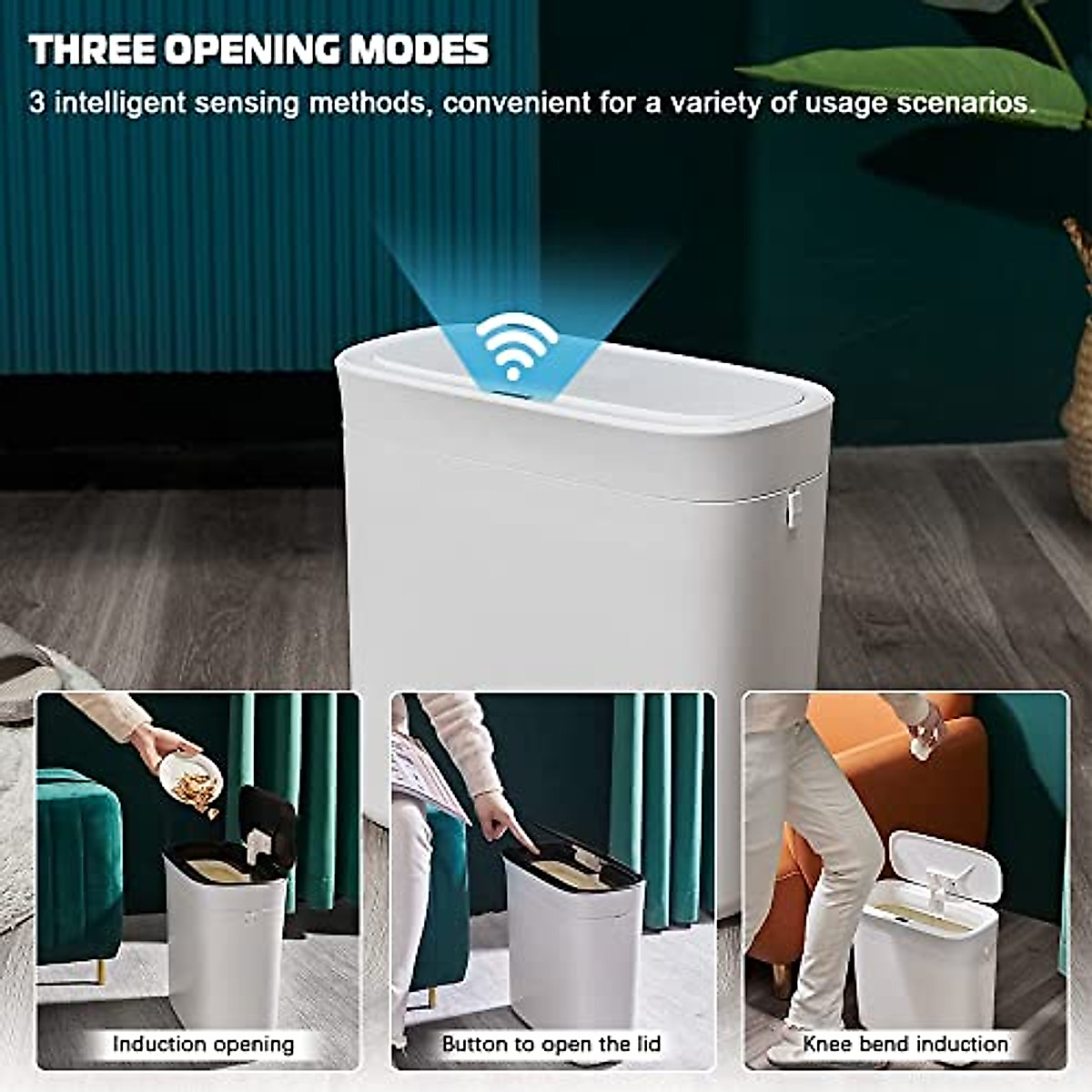 Touchless Trash Can,3.2 Gallon Waterproof Automatic Smart Bathroom Garbage Can with Lid, Slim Motion Sensor Plastic Narrow Trash Bin for Bedroom, Kitchen, Office,RV White