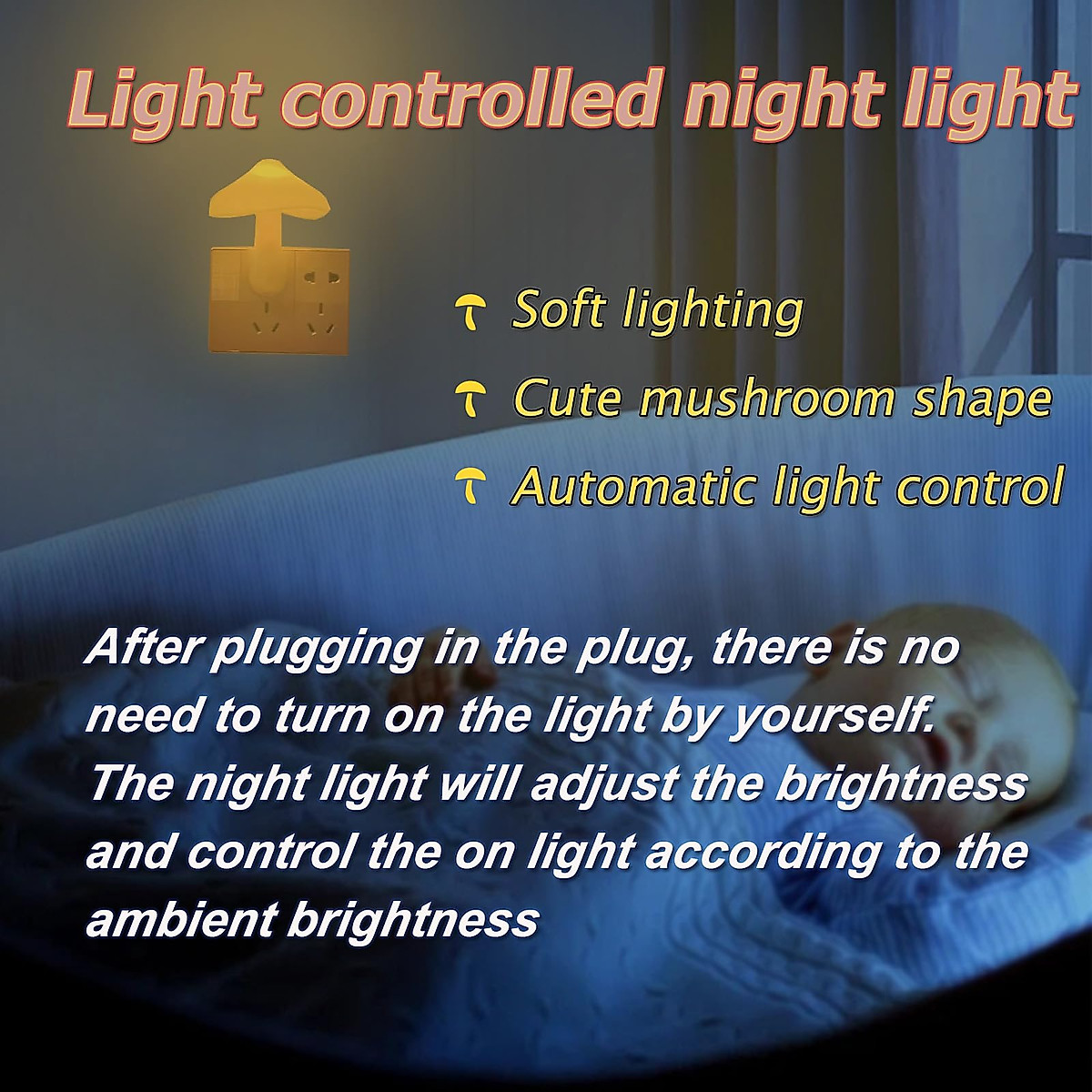 ESUPPORT Mushroom-Shaped Energy Saving Sensor LED Night Light with Plug Yellow(Average Life Expectancy 50000h)