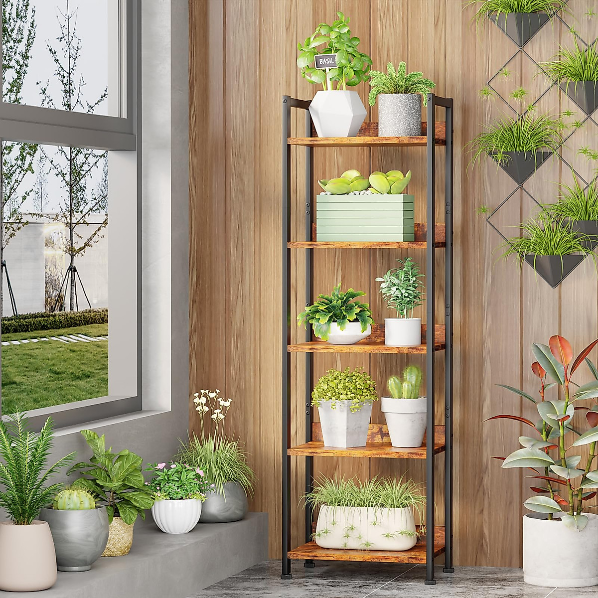 Furologee 5 Tier Bookshelf with Drawer, Tall Narrow Bookcase with Shelves, Wood and Metal Book Shelf Storage Organizer, Industrial Display Standing Shelf Unit for Bedroom, Living Room, Rustic Brown