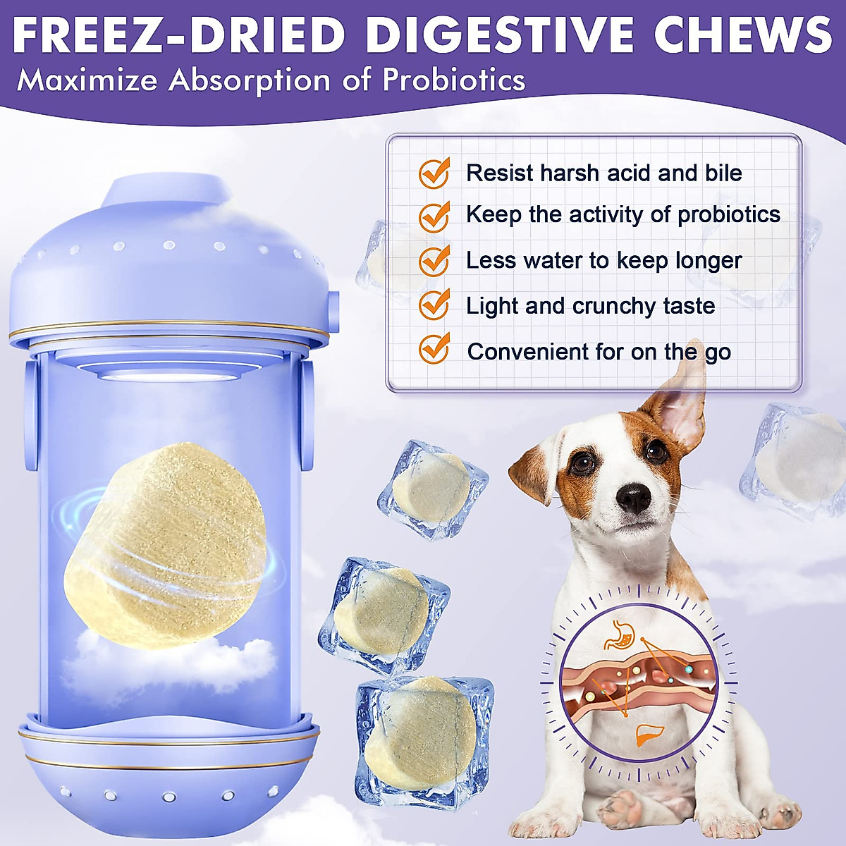 Probiotics for Dogs, Freeze-Dried Dog Probiotics and Digestive Enzymes, Plus Omega-3 for Itchy Skin, 3-in-1 Prebiotics for Digestive Health, Dog Vitamins and Supplements for Immune Health, 120 Bites