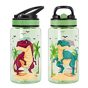 Home Tune Cute Water Bottle for Kids Girls Boys, BPA Free & Sturdy Print & Leak Proof Flip Straw & Carry Loop & Easy Clean, 15oz - Dinosaur