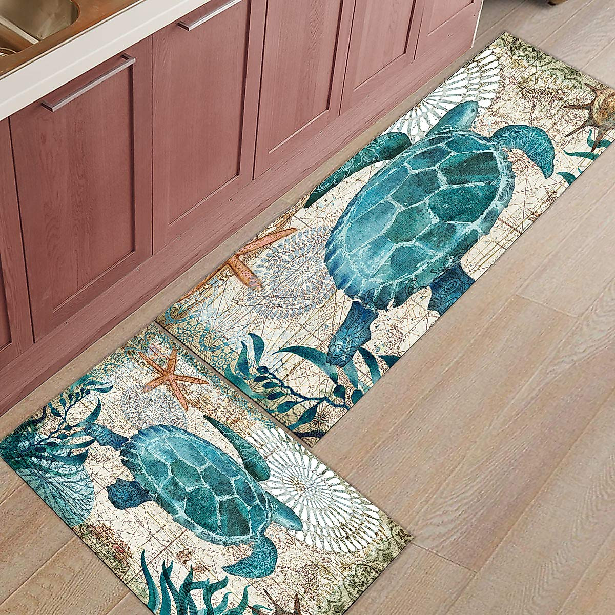 LooPoP Sea Turtle Kitchen Mats for Floor Cushioned Anti Fatigue 2 Piece Set Kitchen Runner Rugs Non Skid Washable Ocean Animal Beach Landscape Sea Theme 15.7x23.6+15.7x47.2inch