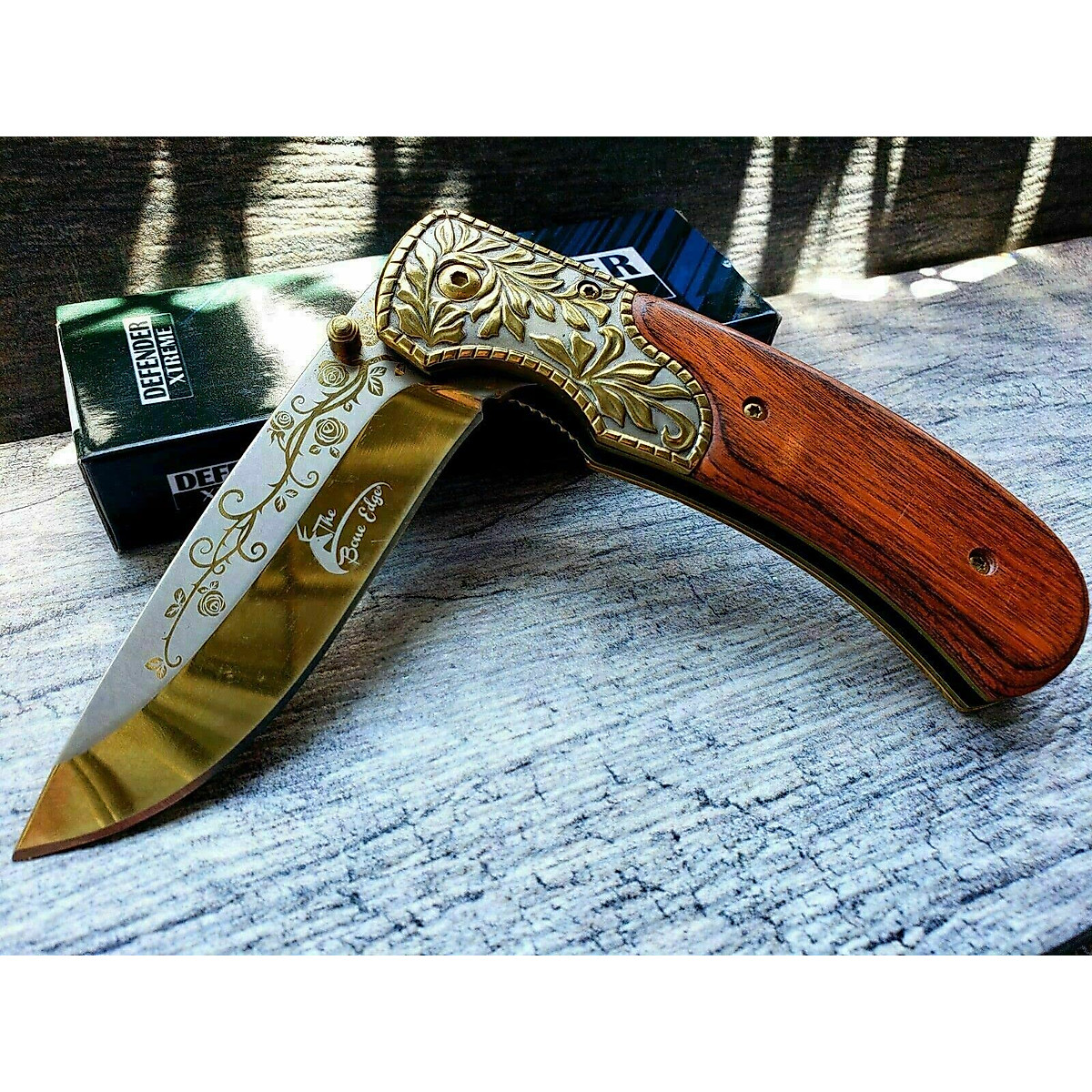 masterdish Gold WOOD HANDLE Pocket Knife Rainbow Gold Blade 3cr13 Steel Overall Length 8.5inch cvrt-1-4