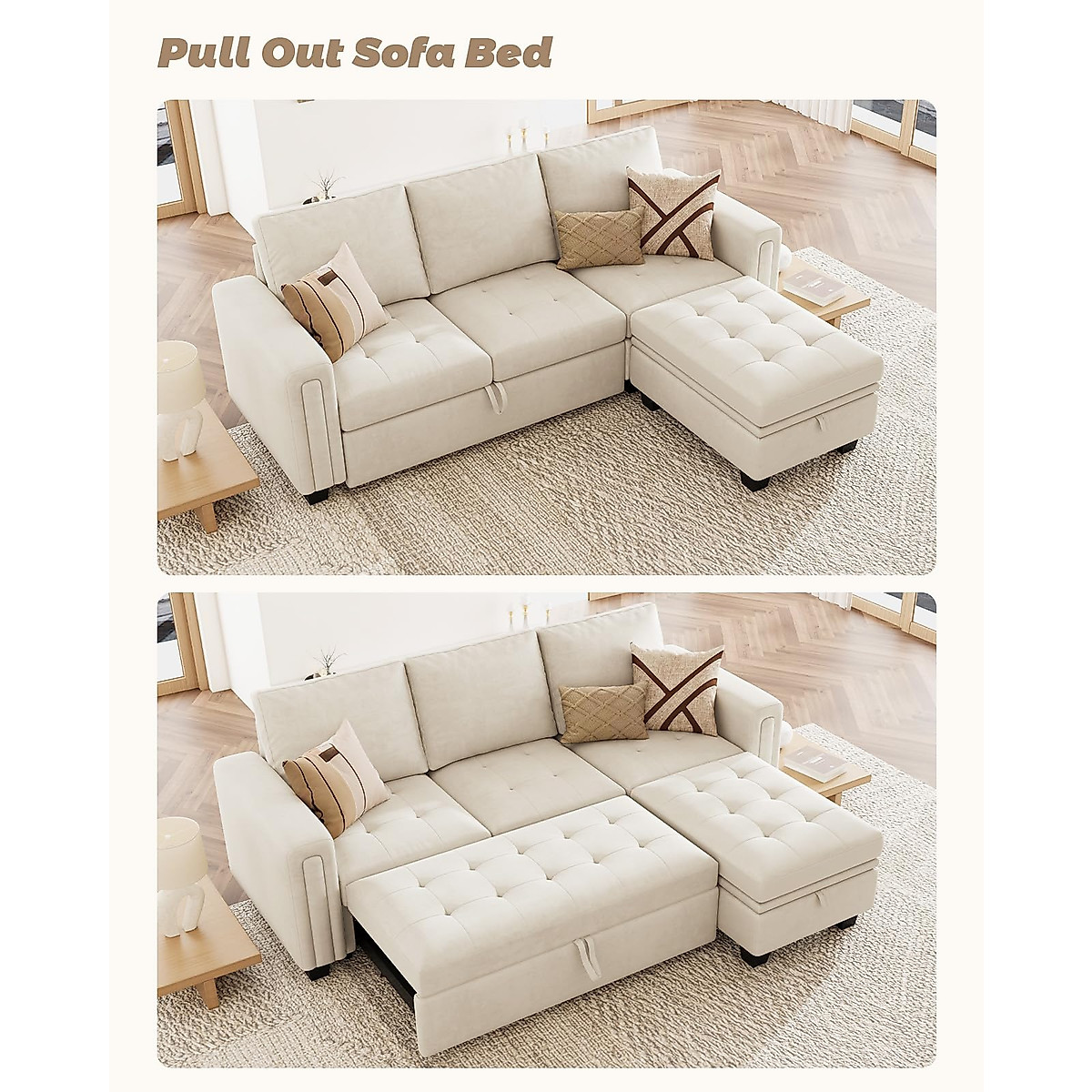 Belffin Secitonal Sleeper Sofa with Pull Out Couch Bed Modular Sectional Sofa with Storage Couch Velvet L Shaped Couch Sleeper Sofa Bed Beige