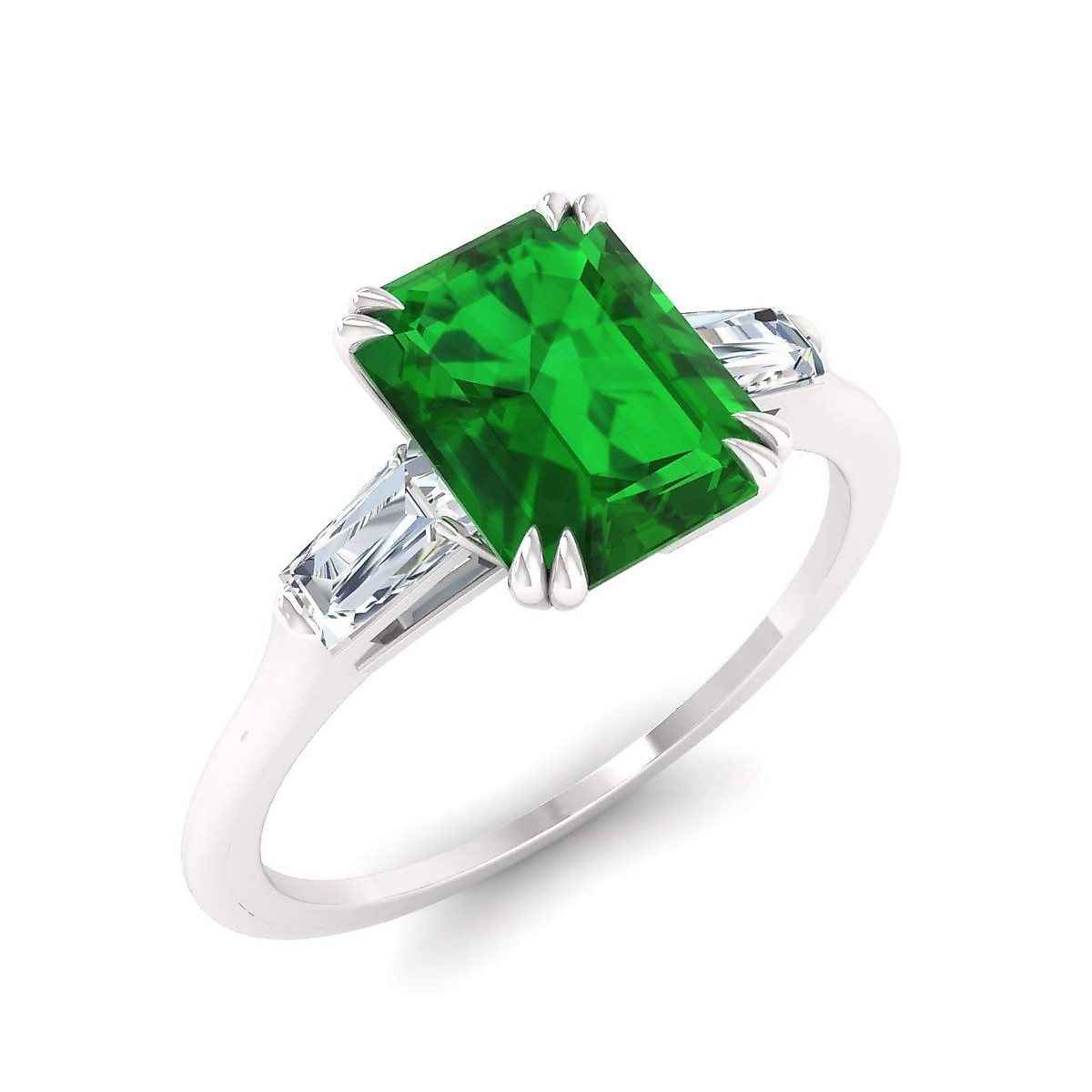 Diamondere Natural and Certified Emerald and Diamond Baguette Engagement Ring in 14K White Gold | 0.67 Carat Three Stone Ring for Women, US Size 6