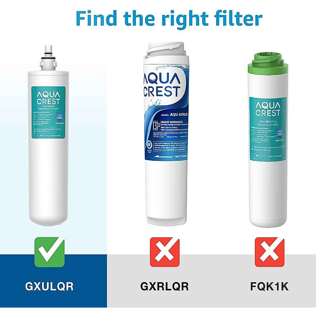 AQUA CREST GXULQR, FQK1R Under Sink Replacement Filter, Replacement for Hexagonal Head GE SmartWater GXULQR, GXULQK and GXK140TNN, 2K Gallons (Pack of 2)