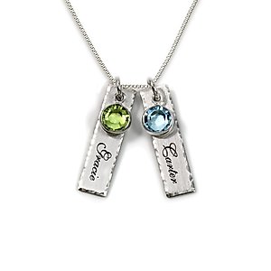 Unity in Two Personalized Charm Necklace. Customize 2 Sterling Silver Rectangular Pendants with Names of Your Choice. Choose 2 Swarovski Birthstones, and 925 Chain. Makes Gifts for Her