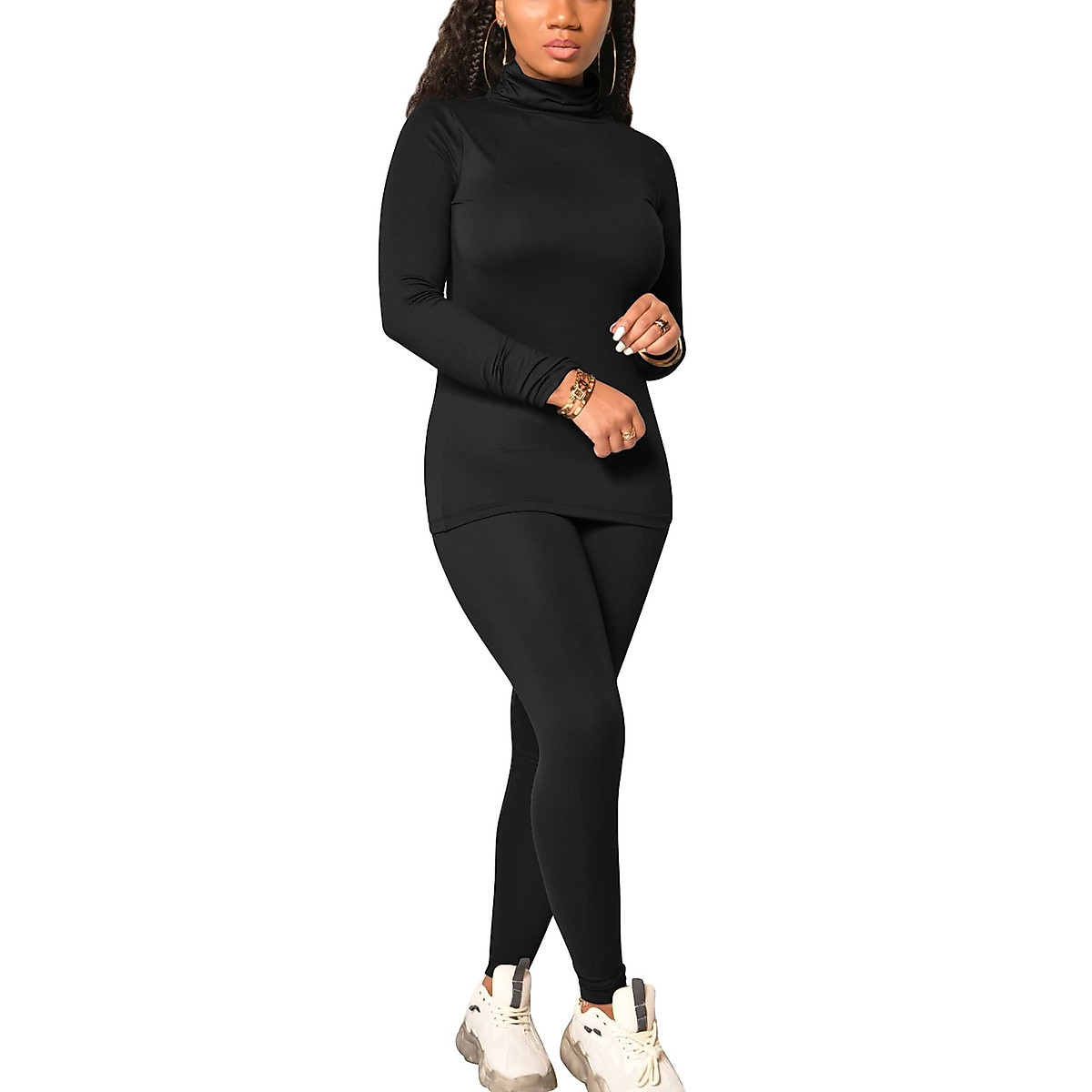 Mokoru Women's Tracksuit 2 Piece Outfits Turtleneck Long Sleeve Shirt Workout Jogger Legging Pants Set, Large, Black