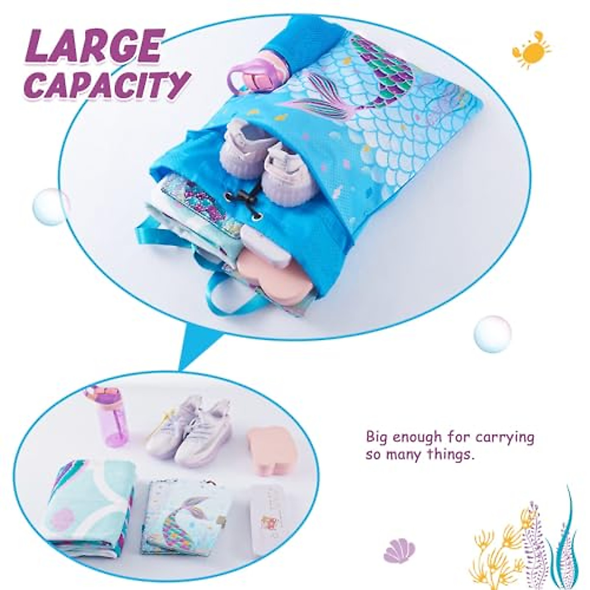 WAWSAM Mermaid Gym Drawstring Backpack - 15” × 17” Sports Gym Bag for Girls Kids Waterproof Swimming Beach Sackpack Birthday Christmas Gift with Zippered Pocket and Water Bottle Pocket