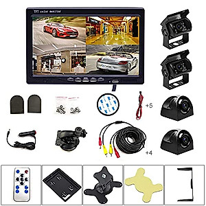 Backup Camera Monitor Kit Split Screen 7" LCD Reversing Monitor, 4 Rear Backup Camera for Trucks/Bus/Trailer/Campers, 170° Wide Angle, IP68 Waterproof, IR Night Vision, Hard-Wired RV Backup Camera