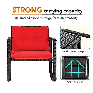 3 Pieces Rocking Bistro Set Wicker Patio Furniture Outdoor Conversation Sets Rattan Rocking Chairs with Red Cushions and Glass Coffee Table for Patio Porch Backyard Balcony Poolside Garden