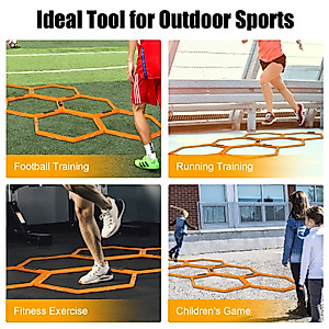 Max4out Hex Agility Rings Set of 6 Rings for Speed & Agility Footwork Training, Hexagon Ladder with Fitness Equipment Sport Workout Home Gym, Kids and Adults (Orange)