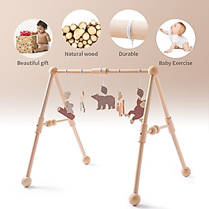Etucdose Wooden Baby Gym with 5 Gym Toys, Detachable Wooden Play Gym Frame Activity Gym Hanging Bar Baby Toy for Activity Gym, Ages Newborn + (Jungle Animal Theme)
