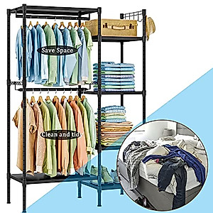 Isyunen Garment Rack, Heavy Duty Clothes Rack with Double Rods and 6 Storage Shelves and 1 Pairs Side Hooks for Hanging Clothes,Adjustable Metal Freestanding Closet Wardrobe Rack,Black (Black)