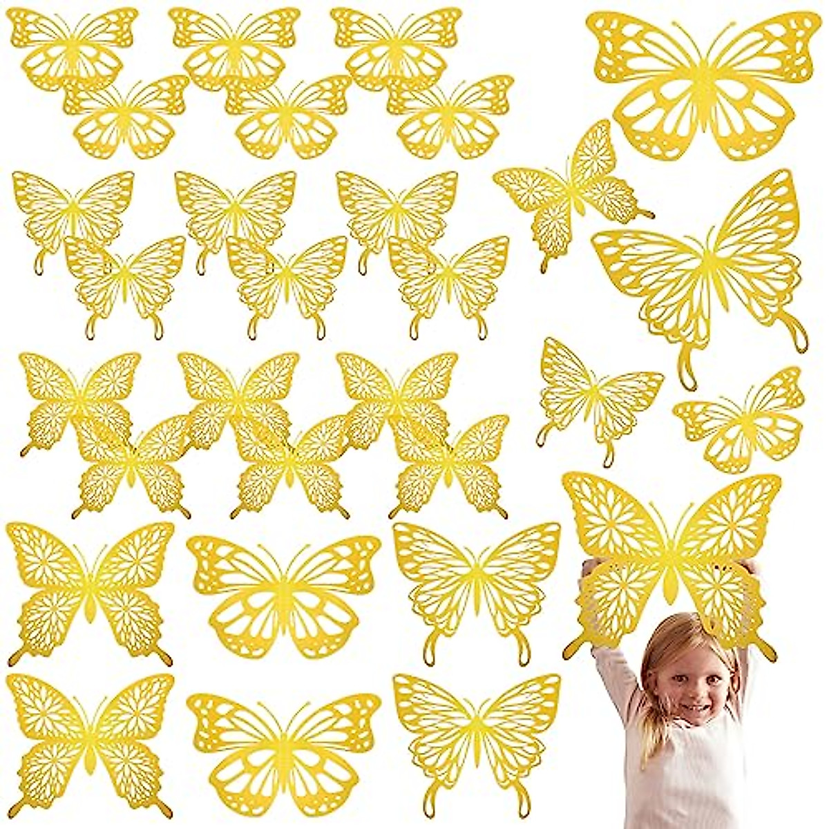 Yeaqee 24 Pcs Large Butterfly Party Decoration Set 2 Sizes 3 Styles Large 3D Golden Butterflies Wall Decor Stickers for Birthday Baby Shower Nursery Bedroom Wedding Decor Cutouts