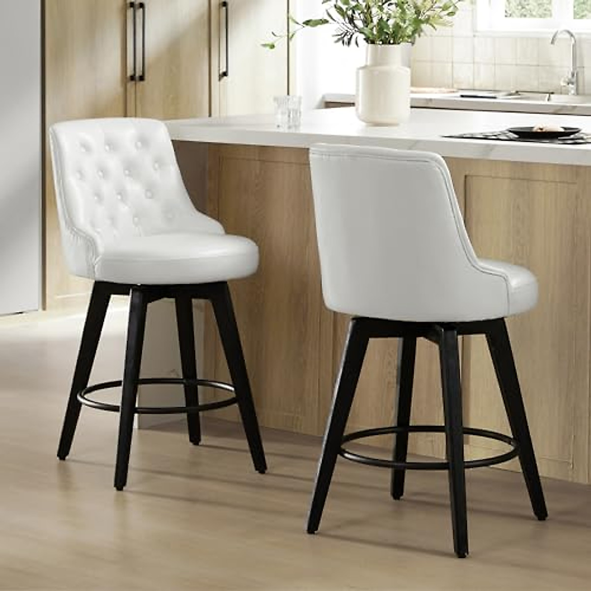 Watson & Whitely Modern Swivel Bar Stools, Faux Leather Upholstered Counter Height Bar Stool with Back, Solid Wood Legs, 26" H Seat, Set of 2, White