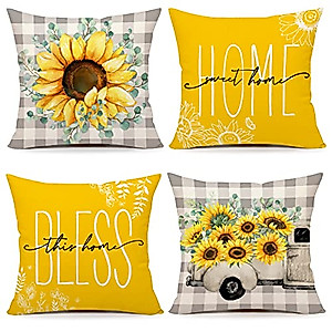 Spring Summer Pillow Covers 18x18 Set of 4 Sunflower Decorations for Farmhouse Pillows Home Sweet Home Bless This Home Decorative Throw Pillows Yellow Gray Throw Cushion Case for Home Decor TH169