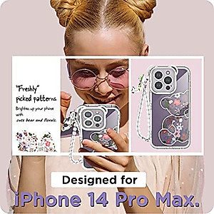 AICase for iPhone 14 Pro Max Case Cute for Women Girl, Bear Floral Flowers Girly Clear Kawaii Phone Case with Bracelet Wrist Strap Chain and Camera Protection Pretty Trendy Protective Cover