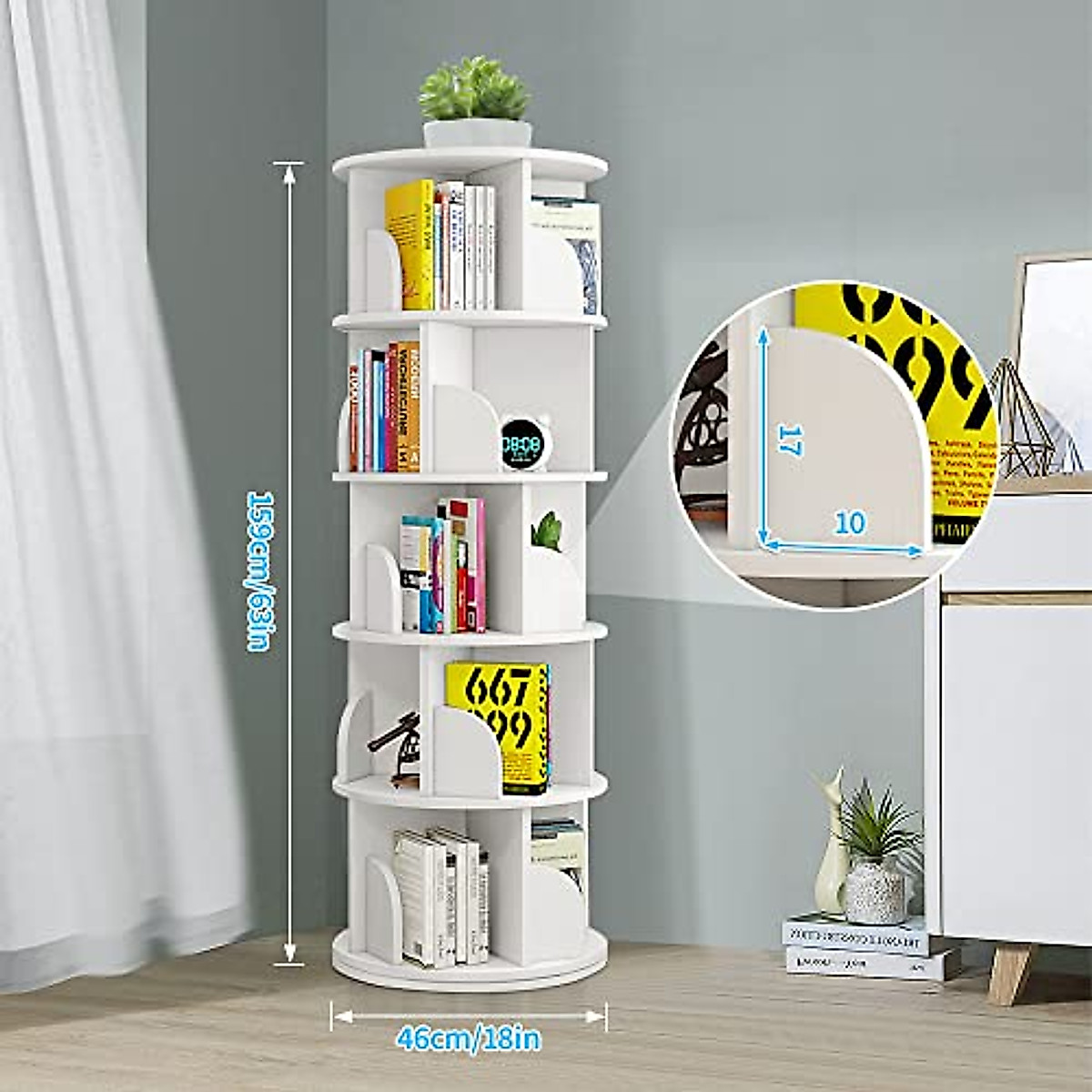 Nisorpa 5 Tier Rotating Bookshelf, 360° Revolving Bookcase Rotating Stackable Shelves Floor-Standing Storage Display Rack Used in Bedrooms Living Rooms Study Office (63"x18"x18")