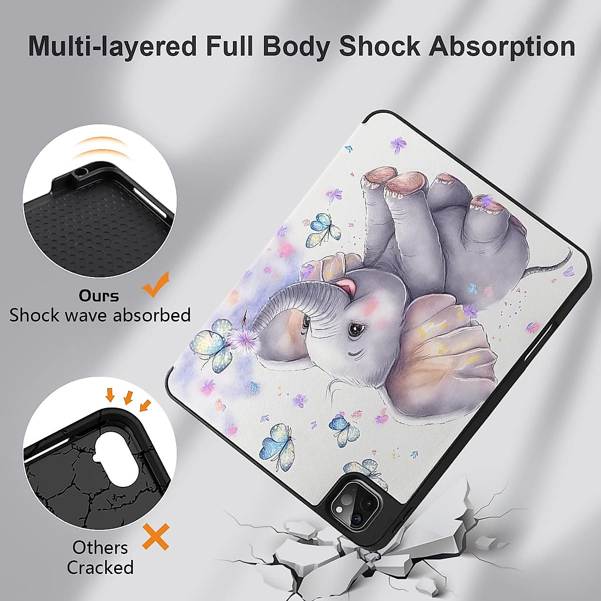 DONGKE Case for 2021/2022 iPad Pro 12.9 inch 5th / 6th Gen - Slim Protective Case - Apple Pencil Charging - Trifold Stand & Sleep/Wake Cover, Also Fits to iPad Pro 12.9 3rd / 4th Gen, Elephant