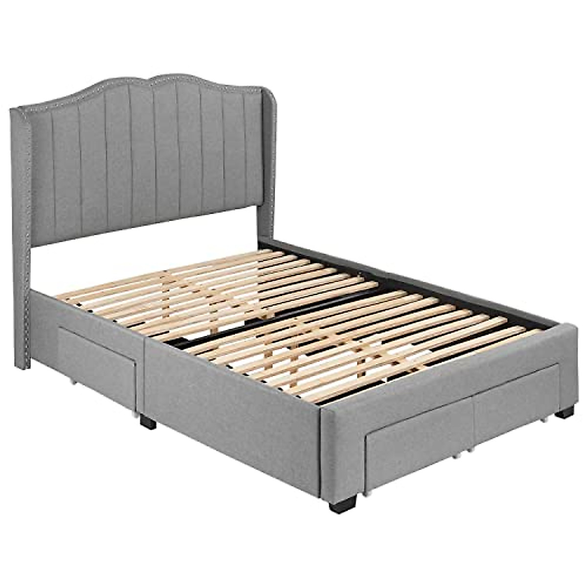 Capacmkseh Queen Platform Bed Frame with Headboard and 3 Storage Drawers on Wheels, Fabric Upholstered Headboard Beds Mattress Foundation with Wood Slat Support, No Box Spring Needed, Easy Assembly