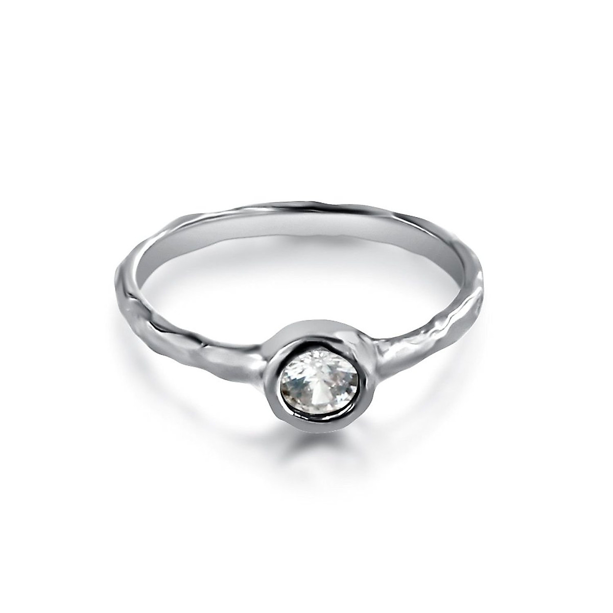 Azaggi Sterling Silver Handcrafted Textured Stackable Ring With Cubic Zirconia (sterling-silver, 8)