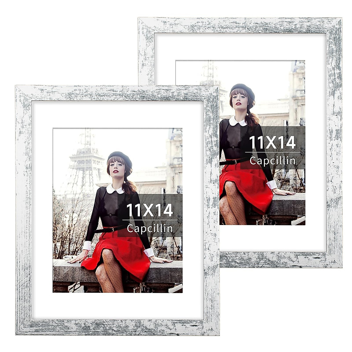 Capcillin 11x14 Picture Frame Wood Set of 2 with Glass, Display Pictures 11x14 Without Mat or 8x10 Photos with Mat, Wall Gallery Photo Frames, Tabletop Display and Wall Mounting, Distressed White