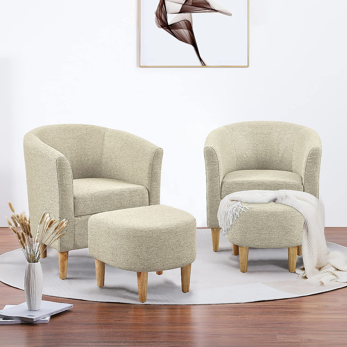DAZONE Accent Chair Set of 2 Mid Century Modern Chair with Ottoman Comfy Armchair Footrest Set Comfortable Living Room Chairs Upholstered Barrel Club Tub Sofa Chair for Bedroom Reading Room Beige