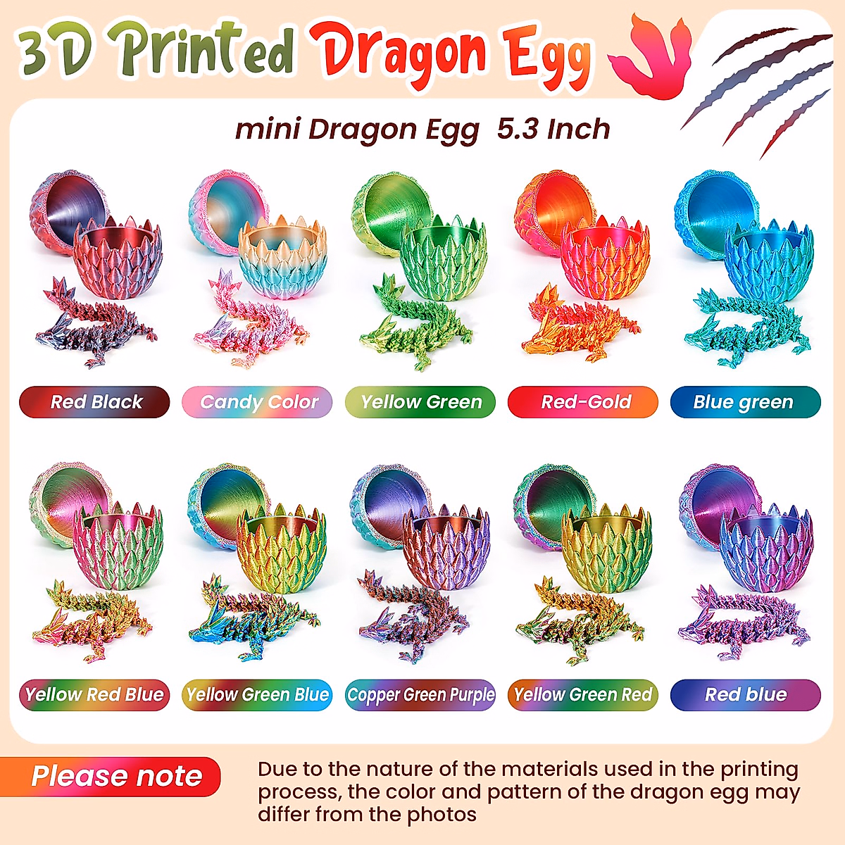 SHUWND 4PCS Easter 3D Printed Dragon Eggs with Dragon Inside,Easter Basket Stuffers,Easter Basket Essentials,Prefilled Mini Eggs Articulated Crystal Dragon Fidget Toys,Mystery 3D Printed Animals Set