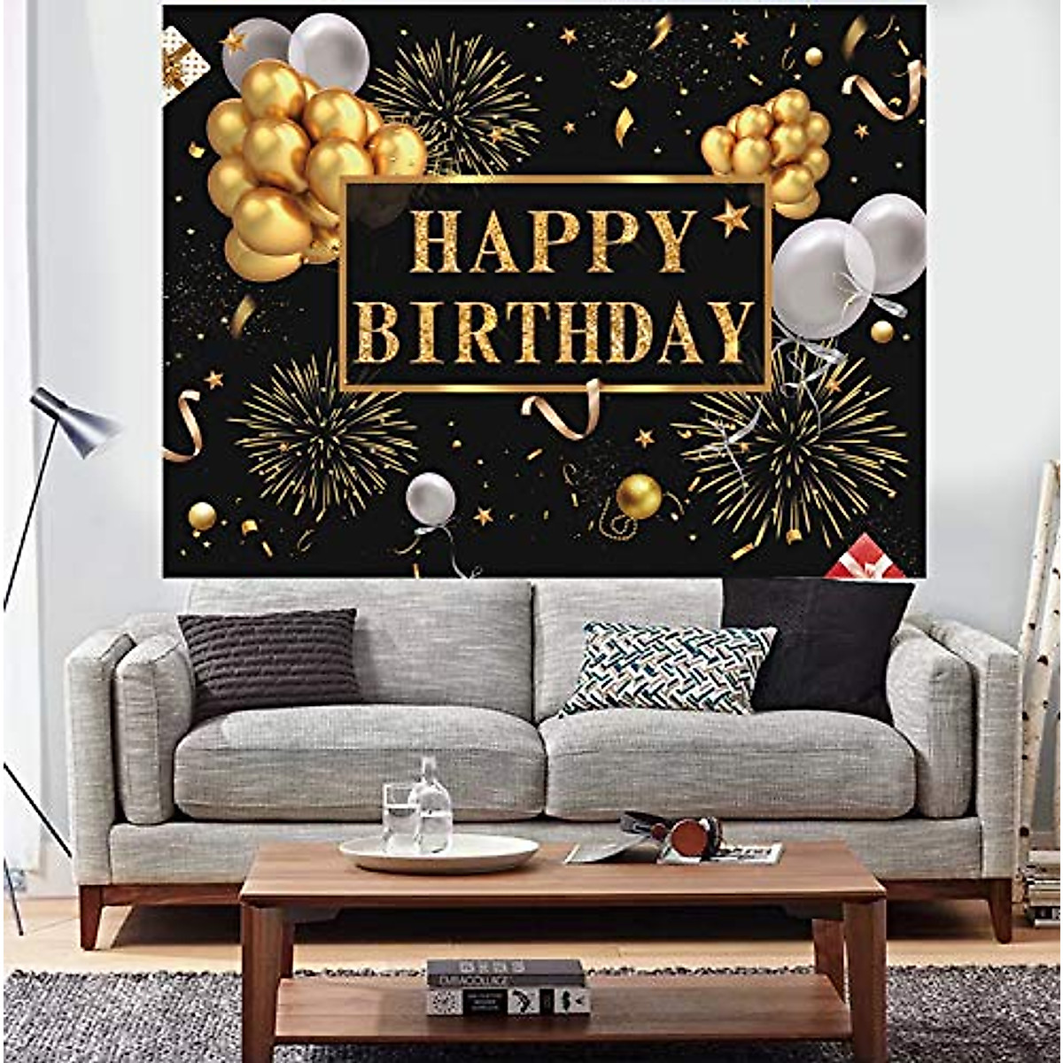 Saliyaa 7x5ft Happy Birthday Backdrop Banner, Birthday Party Decor,Black Gold Poster Photo Booth Backdrop Background Banner for Men Women 30th 40th 50th 60th 70th 80th Bday Party Supplies